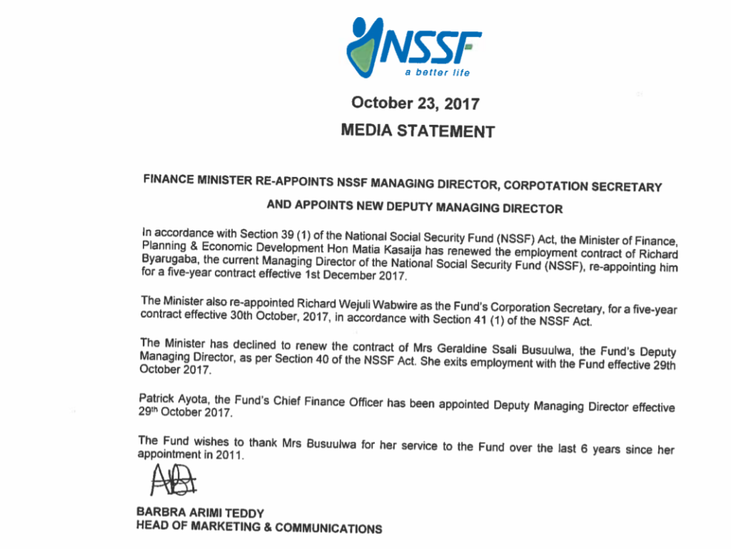Richard Byarugaba's NSSF contract renewed, Patrick Ayota appointed new ...