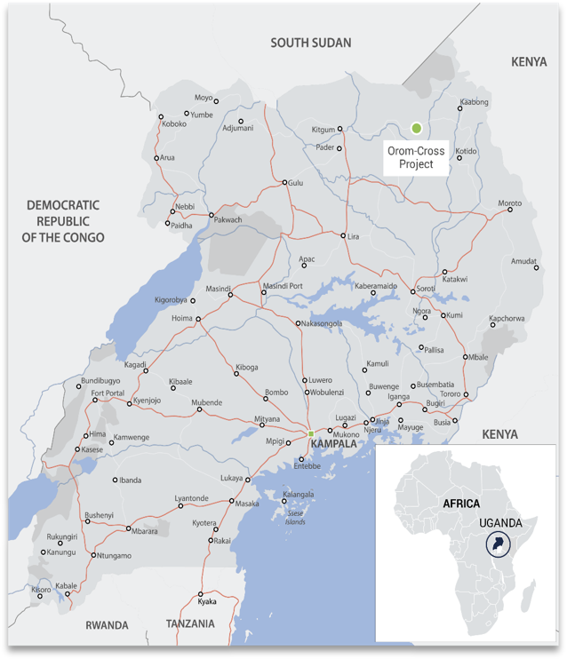 A Ugandan map showing location of the Orom-Cross Graphite project. Photo by Blencowe – CEO East ...