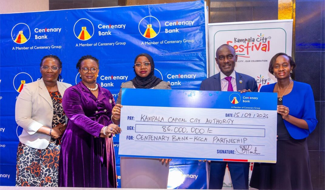 Centenary Bank handing over a cheque of UGX 86 million to KCCA.